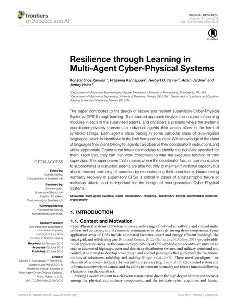 Pdf Resilience Through Learning In Multi Agent Cyber Physical Systems