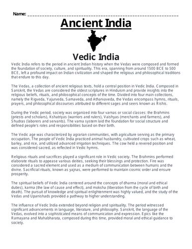 Ancient India Vedic India Article And Questions” Assignment Teaching