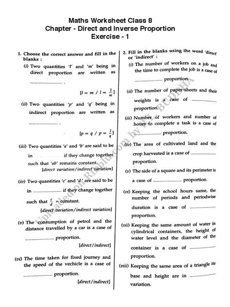Class 8 Maths Worksheet 1 Direct And Inverse Proportion Pdf