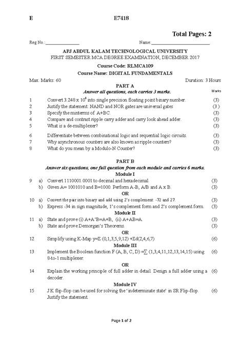 Digital Fundamentals S1 Mca Ktu 2017 Dec E E Page 1 Of 2 Total Pages