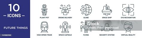 미래의 것들 개요 아이콘 세트는 얇은 라인 식물 냄비 글로브 눈 인식 공간 캡슐 보안 시스템 가상 현실 보고서 프리젠 테이션 다이어그램 웹을위한 고속 열차 아이콘을