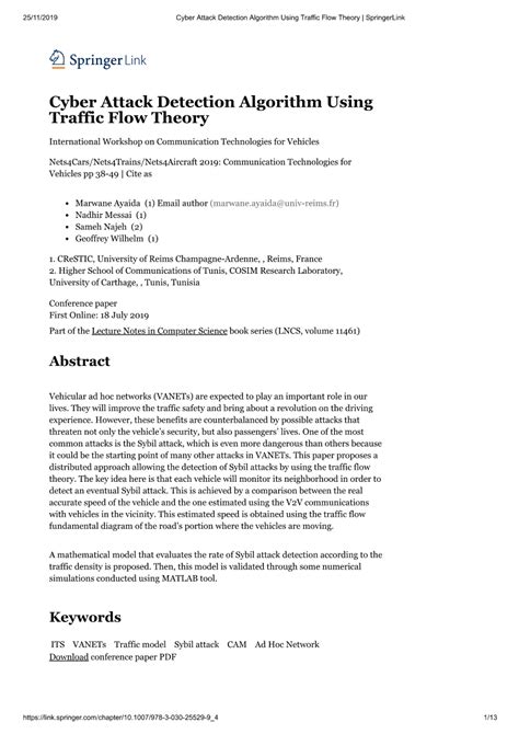 Pdf Cyber Attack Detection Algorithm Using Traffic Flow Theory