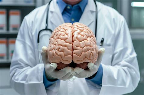 Doctor Holding Human Brain Model Dementia And Alzheimer Disease Stock