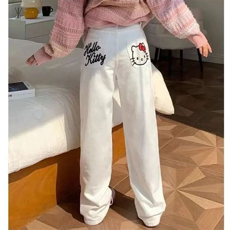Hello Kittys Sanrioed Cartoon Embroidery Jeans Kawaii Anime Woman Y2K