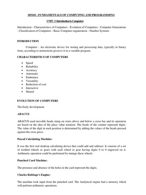 Fundamentals Of Computing And Programming Unit I Introduction To