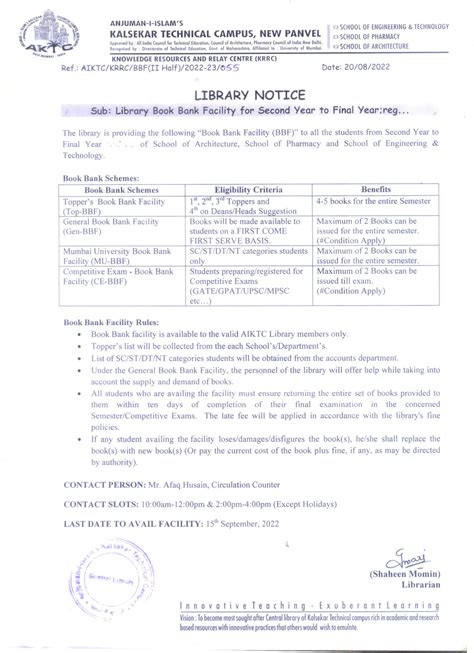 Aiktc Knowledge Resources And Relay Centre Central Library Library Book Bank Facility For