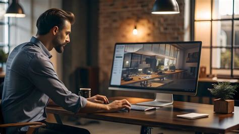 Engineer Using Cad Software In Modern Hightech Workspace Scene Features Glossy Surfaces And