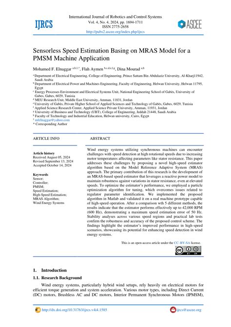 Pdf Sensorless Speed Estimation Basing On Mras Model For A Pmsm