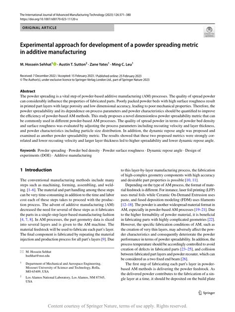 Experimental Approach For Development Of A Powder Spreading Metric In Additive Manufacturing
