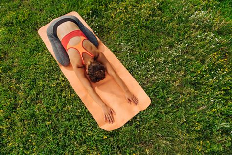 푸른 잔디에 누워 밝은 매트에 기지개 하는 요가 연습 하는 여자 건강한 생활방식에 대한 스톡 사진 및 기타 이미지 건강한