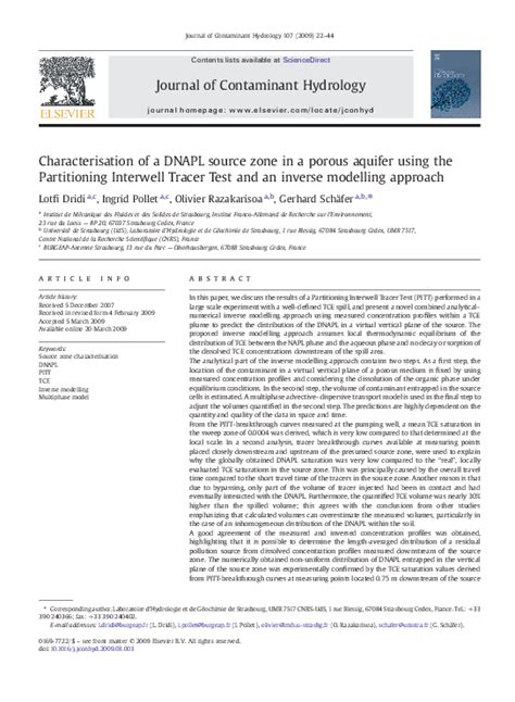 Pdf Characterisation Of A Dnapl Source Zone In A Porous Aquifer Using