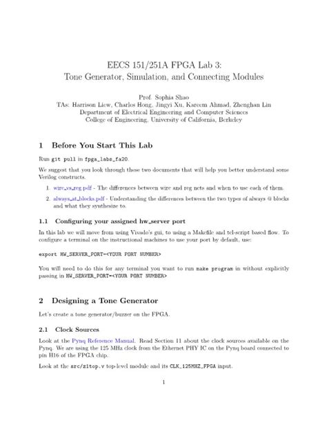 Eecs 151251a Fpga Lab 3 Tone Generator Simulation And Connecting