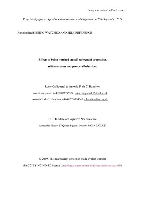 Pdf Effects Of Being Watched On Self Referential Processing Self Awareness And Prosocial