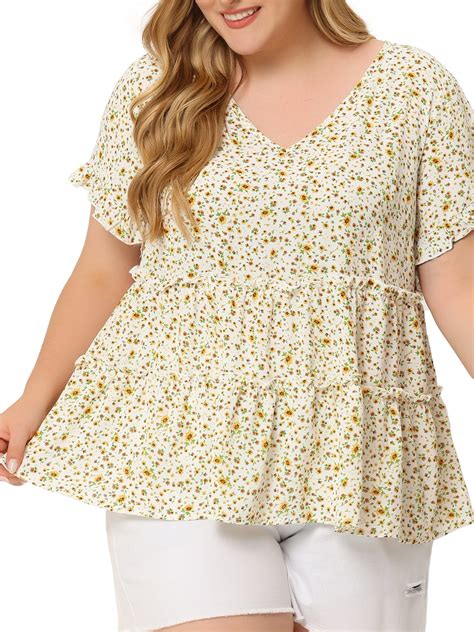 Agnes Orinda Womens Plus Size Floral V Neck Ruffle Sleeve Tiered