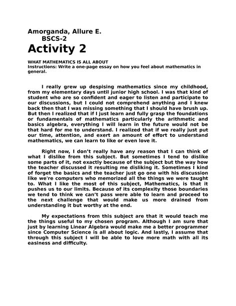 Essay Math About Your Thoughts Of Mathematics Amorganda Allure E BSCS Activity WHAT