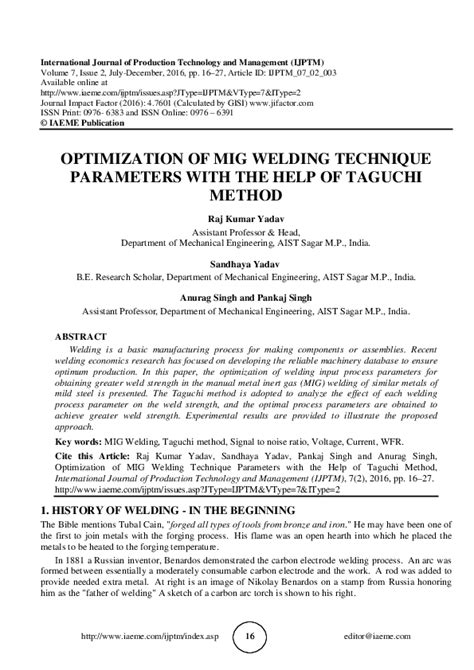 Pdf Optimization Of Mig Welding Technique Parameters With The Help Of Taguchi Method