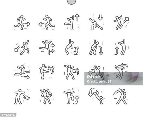 인간의 움직임 다른 위치 서 운동 스포츠 피규어 사람들 픽셀 퍼펙트 벡터 가는 선 아이콘 간단한 최소 픽토그램 사람들에 대한 스톡 벡터 아트 및 기타 이미지 Istock