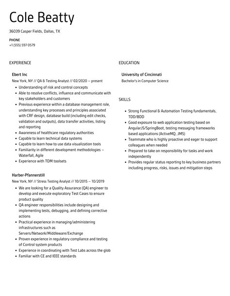 Testing Analyst Resume Samples Velvet Jobs