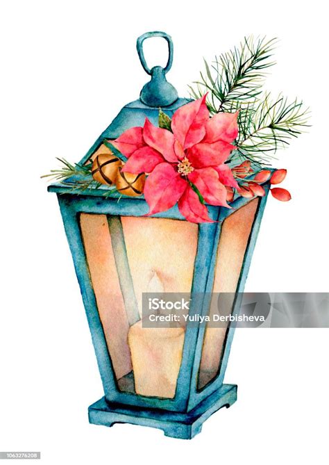 크리스마스 장식과 수채화 블루 랜 턴입니다 손으로 그린 램프 촛불 전나무 포 인 세 티아 골든 벨 전나무 콘 지점과 매 발톱 나무 흰색 배경에 고립 디자인 인쇄에 대 한