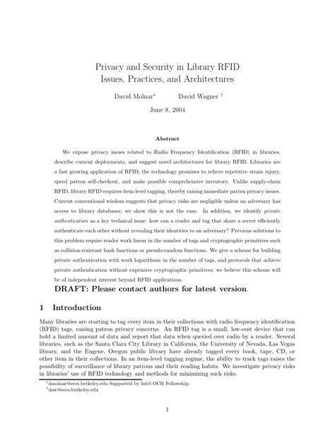 Pdf Privacy And Security In Library Rfid Issues Practices And Architectures