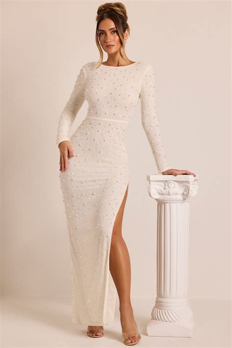 Vienna Embellished Long Sleeve Backless Maxi Dress In White Oh Polly