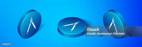 파란색 배경에 격리된 등색 드로잉 나침반 아이콘입니다 나침반 기호입니다 드로잉 및 교육 도구 기하학적 계측기 파란색 원 버튼입니다 벡터 일러스트레이션 3차원 형태에 대한