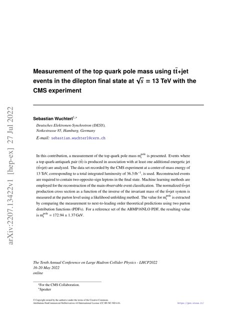 Pdf Measurement Of The Top Quark Pole Mass Using Text T Bar Text T Jet Events In The