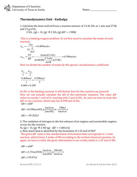 Enthalpy Worksheet Chemistry Thermodynamics Problems