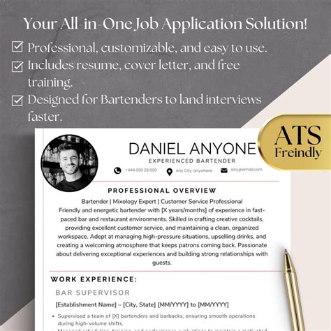 Professional Bartender Resume Template Customizable For Hospitality