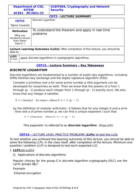 Cns 15 Summary 6it 2022 23 Department Of Cse Kitsw 6cse1 Ay2021 U18it604 Cryptography And