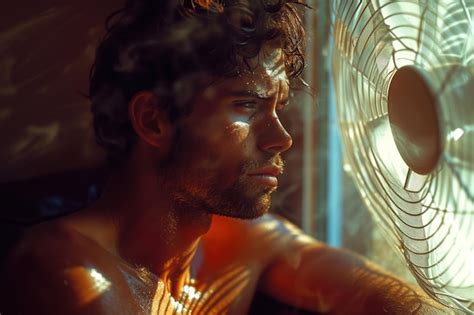 Premium Photo Tired Wet Man Suffering From Heat Sitting By A Fan Wet Handsome Guy With A Naked