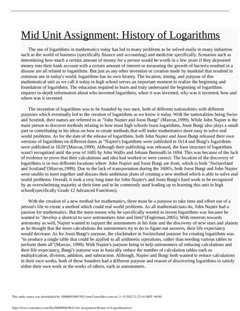 Mid Unit Assignment History Of Logarithmsl Virtual Highh School SCH U