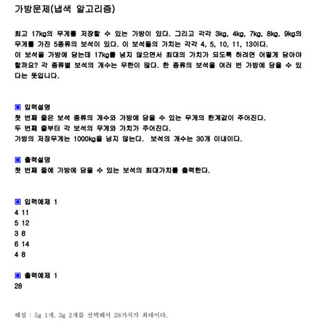 문제 배낭가방 문제 냅색알고리즘 Knapsack Algorithm Python 파이썬 — Sillon Coding