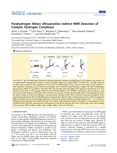 Pdf Parahydrogen Allows Ultra Sensitive Indirect Nmr Detection Of Catalytic Hydrogen Complexes