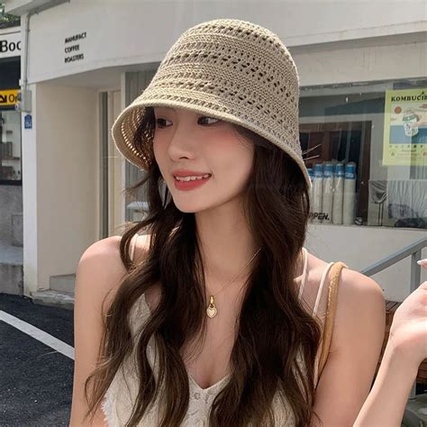 여름니트모자 할로우 아웃 솔리드 니트 버킷 모자 신상 여성 레트로 햇빛가리개 야외 다목적 티몬