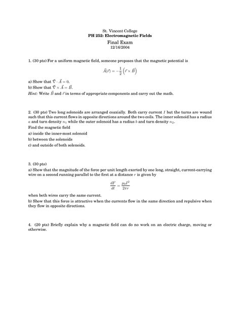 uniform magnetic field electromagnetic fields exam docsity