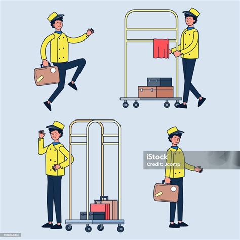 벨보이 호텔 서비스 및 수하물 트롤리 및 여행 가방 운반 호텔 직원의 유니폼을 입은 벨보이 호텔 노동자 벨보이에 대한 스톡 벡터 아트 및 기타 이미지 Istock