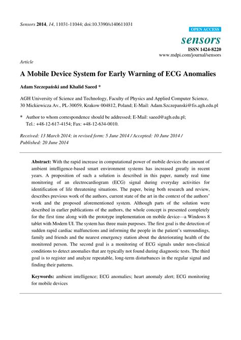 PDF A Mobile Device System For Early Warning Of ECG Anomalies
