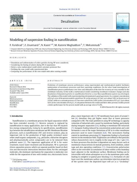 Pdf Modeling Of Suspension Fouling In Nanofiltration · Modeling Of Suspension Fouling In
