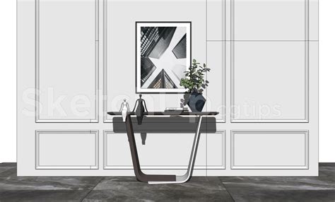 A Drawing Of A Table With A Plant In It Next To A Mirror On The Wall