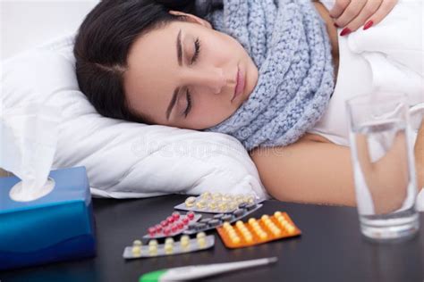 Sick Woman In Bed With Thermometer Is Having High Temperature Fever Stock Image Image Of
