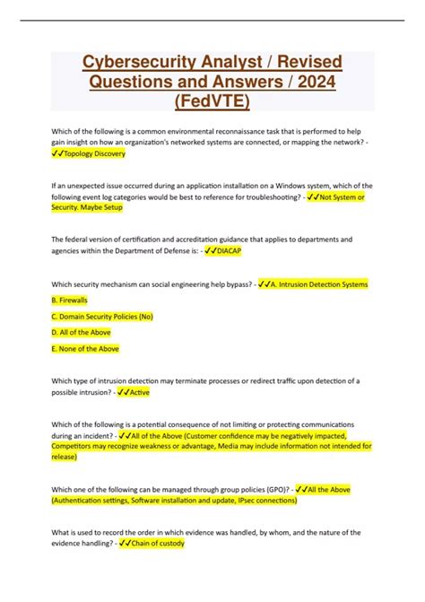 Cybersecurity Analyst Revised Questions And Answers 2024 Fedvte Cybersecurity Analyst