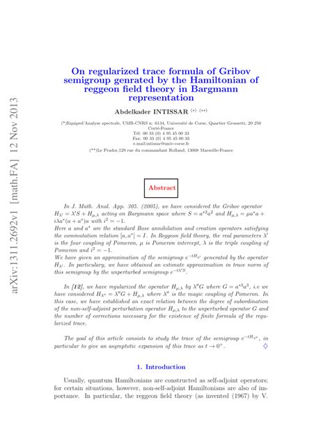 Pdf On Regularized Trace Formula Of Gribov Semigroup Genrated By The Hamiltonian Of Reggeon