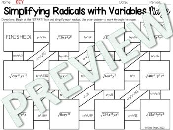 Simplifying Radicals Maze Activities Including Variables Rationalizing
