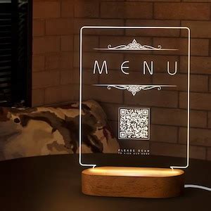 Custom LED Qr Code Menu Sign LED Decor With Natural Wood Base Personalized LED Night Light