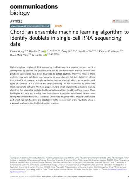 PDF Chord An Ensemble Machine Learning Algorithm To Identify Doublets In Single Cell RNA