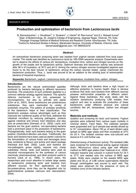 Production And Optimization Of Bacteriocin From Lactococcus Lactis