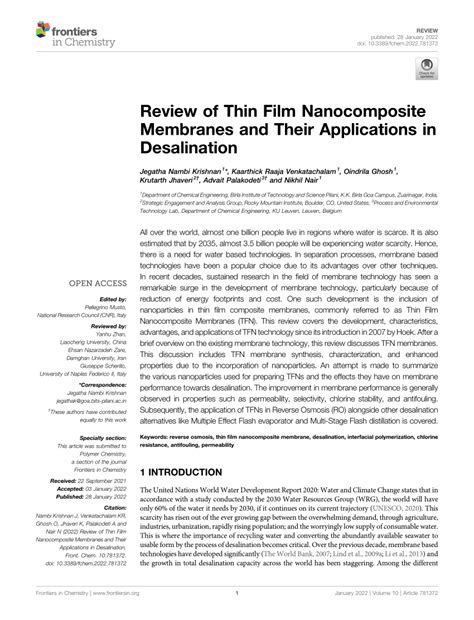 PDF Review Of Thin Film Nanocomposite Membranes And Their Applications In Desalination