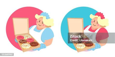 흰 앞치마를 입은 제빵사가 신선한 색의 유약 도넛을 들고 있는 오픈 골판지 상자를 들고 있다 텍스트 로고타입을 위한 공간을 복사합니다 여성 요리사는 서리가 내린 도넛으로