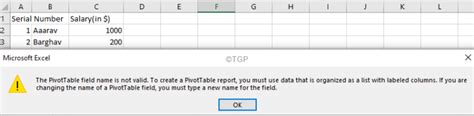 how to fix pivot table field name is not valid error in excel